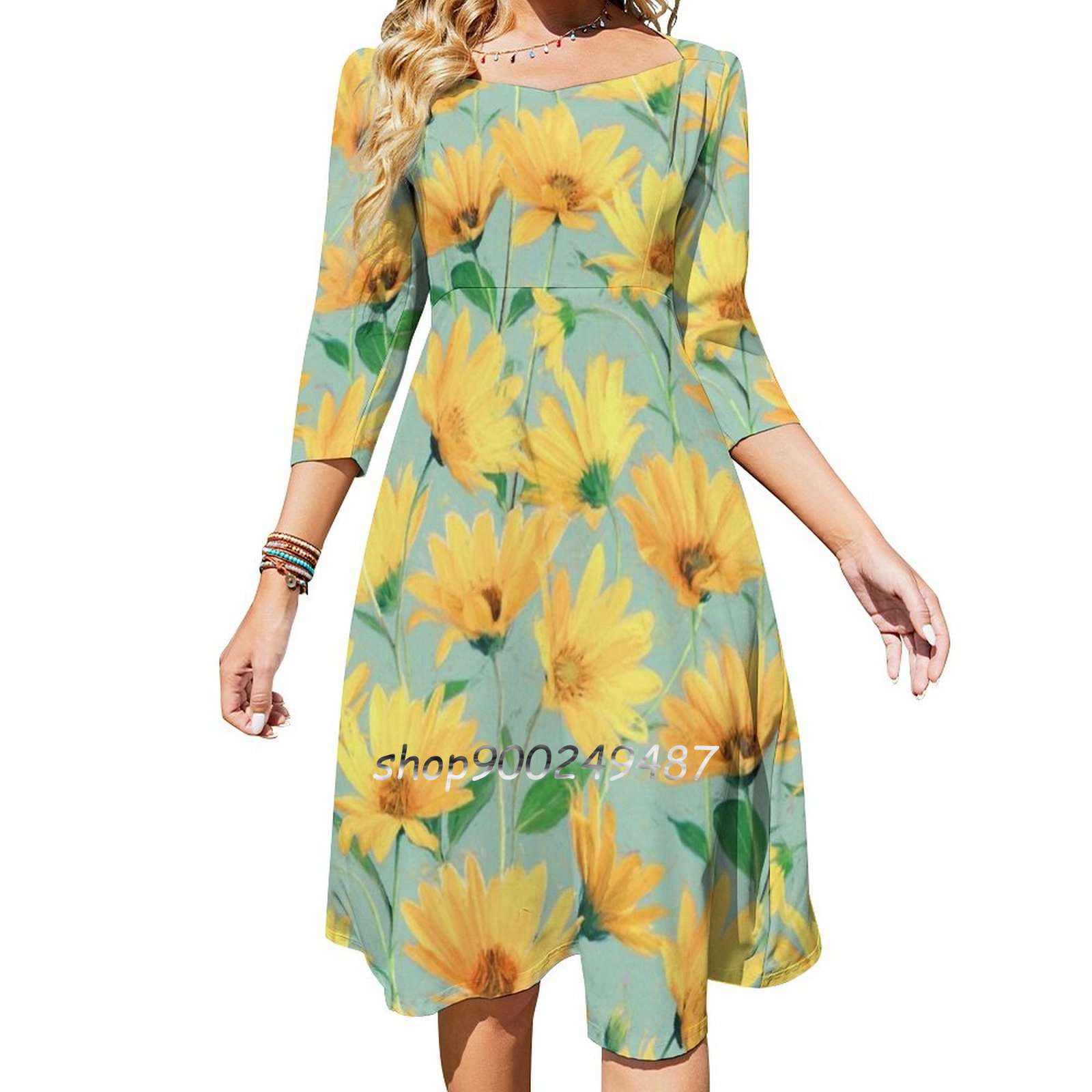 Painted Golden Yellow Daisies On Soft Sage Green Flare Dress Square ...