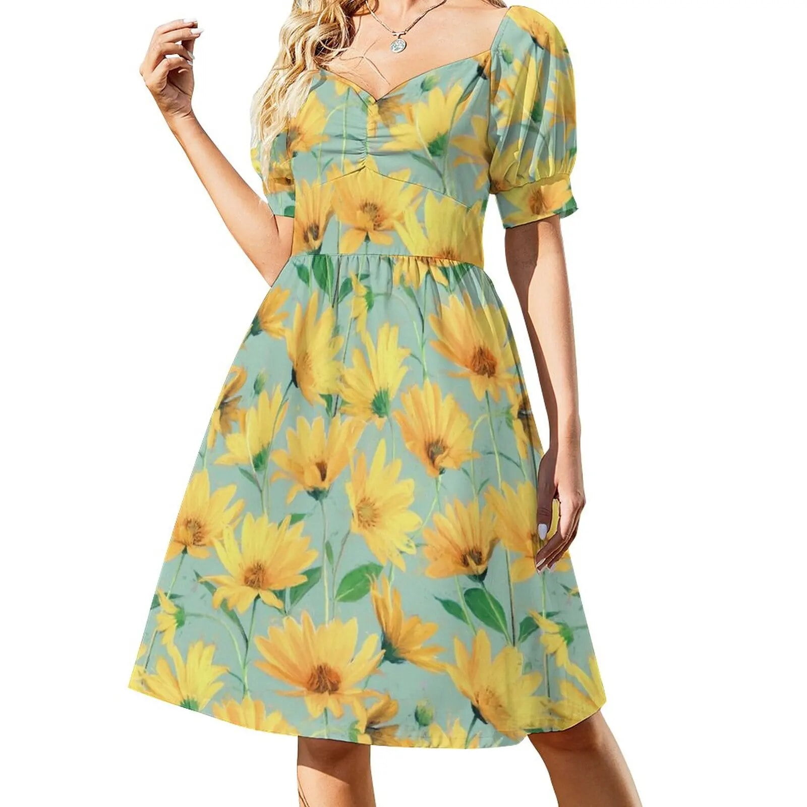 Painted Golden Yellow Daisies on soft sage green Dress women party ...