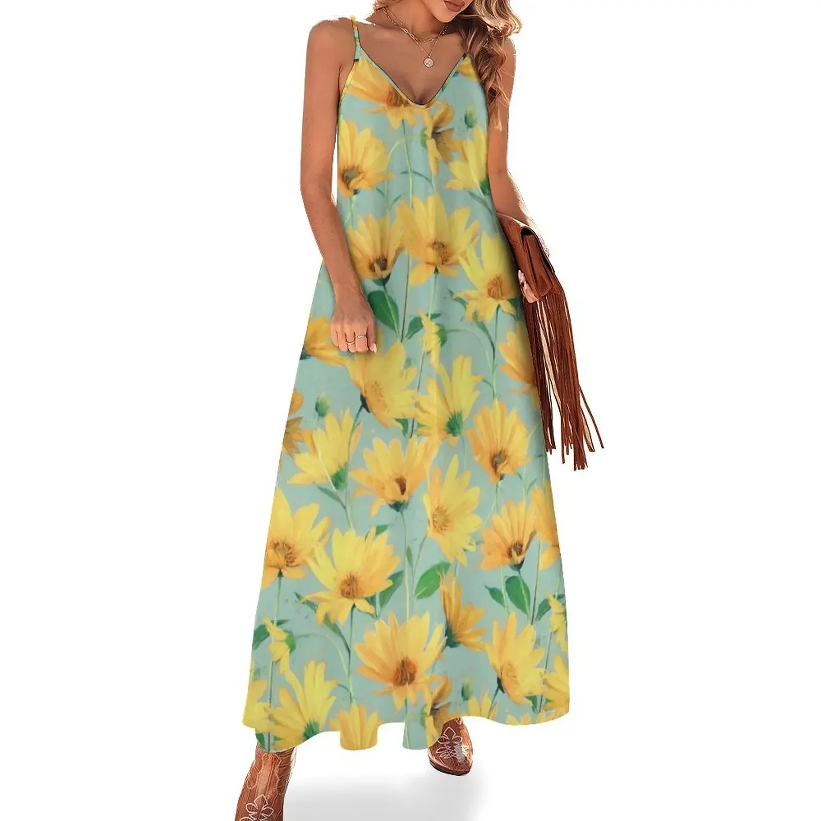 Painted Golden Yellow Daisies on soft sage green Sleeveless Dress dress ...
