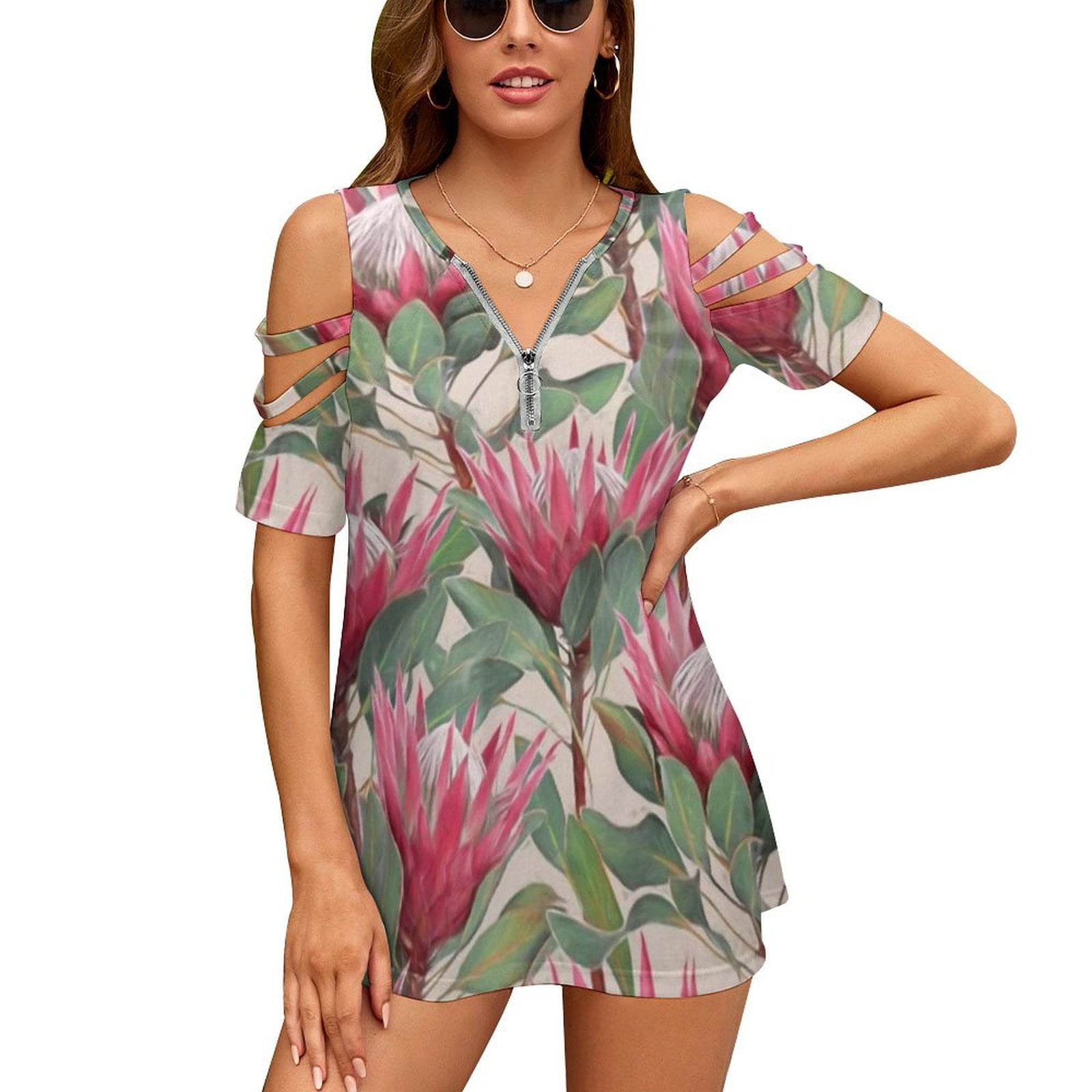 Painted King Proteas On Cream New Fashion Zip Off Shoulder Top Short-Sleeve Women Shirt Protea ...
