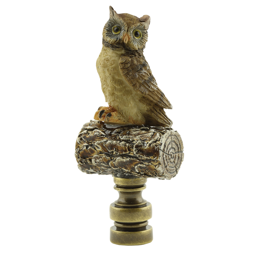 Painted Resin Owl On Log Lamp Finial with Antiqued Brass Base 3.25"h ...