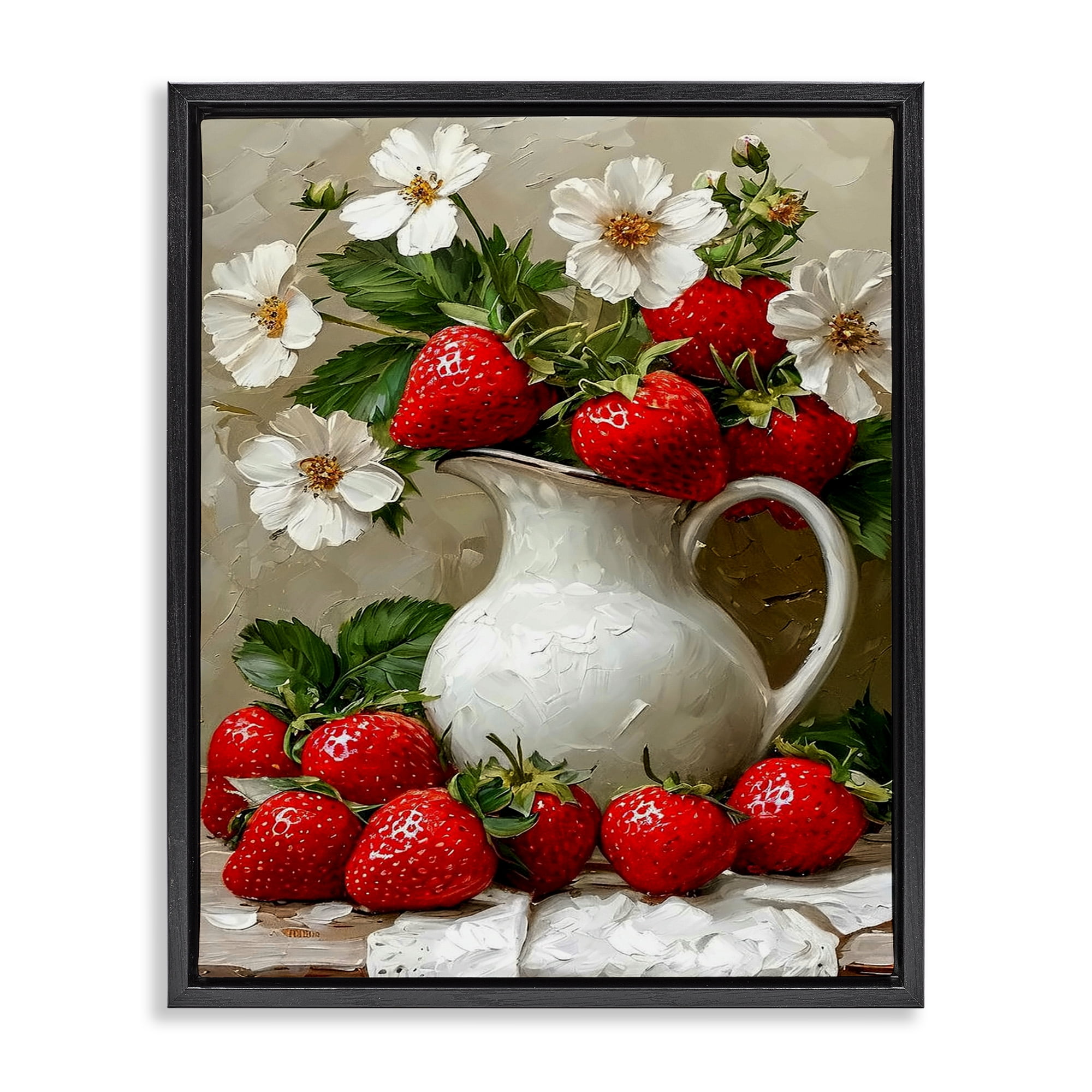 Painterly Strawberries Still Life Black Framed Floater Canvas Wall Art ...
