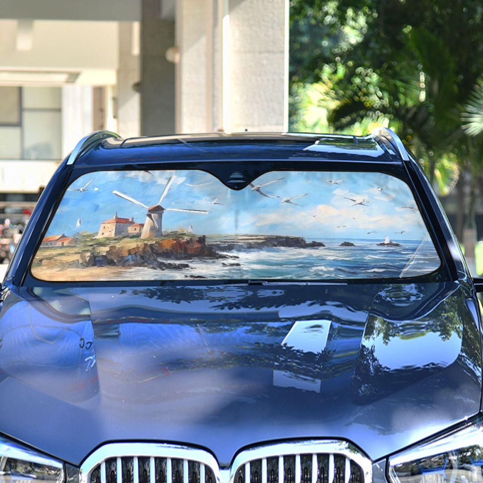 Painting Birds Tower Sea Automotive Front Car Windshield Sun Shade ...