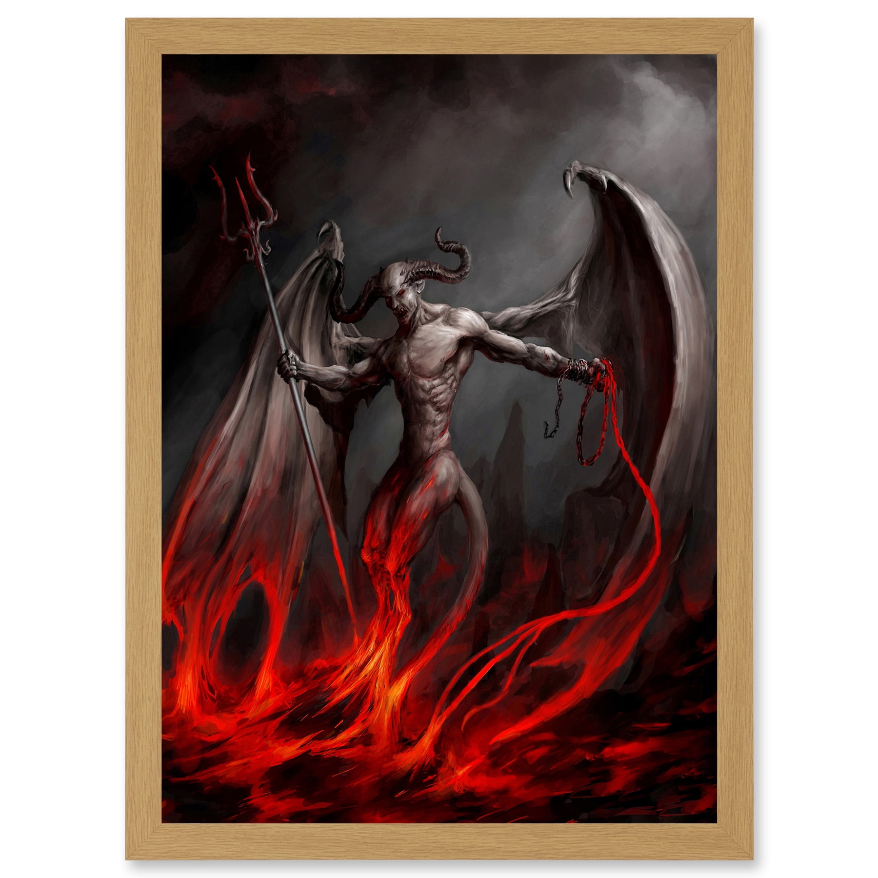 Painting Devil Demon Fire Chain Trident Wings Horns Monster A4 Artwork Framed Wall Art Print ...