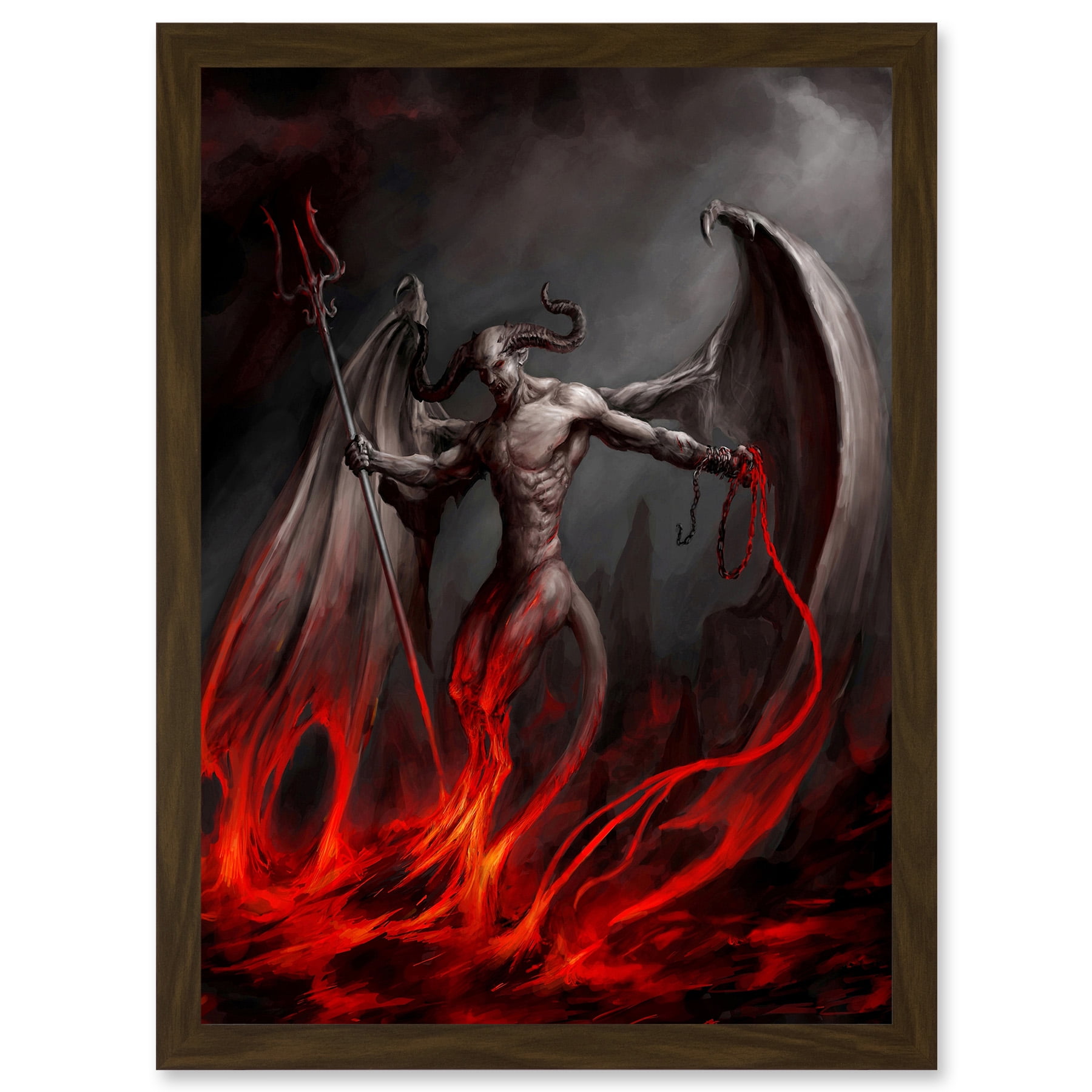 Painting Devil Demon Fire Chain Trident Wings Horns Monster A4 Artwork ...