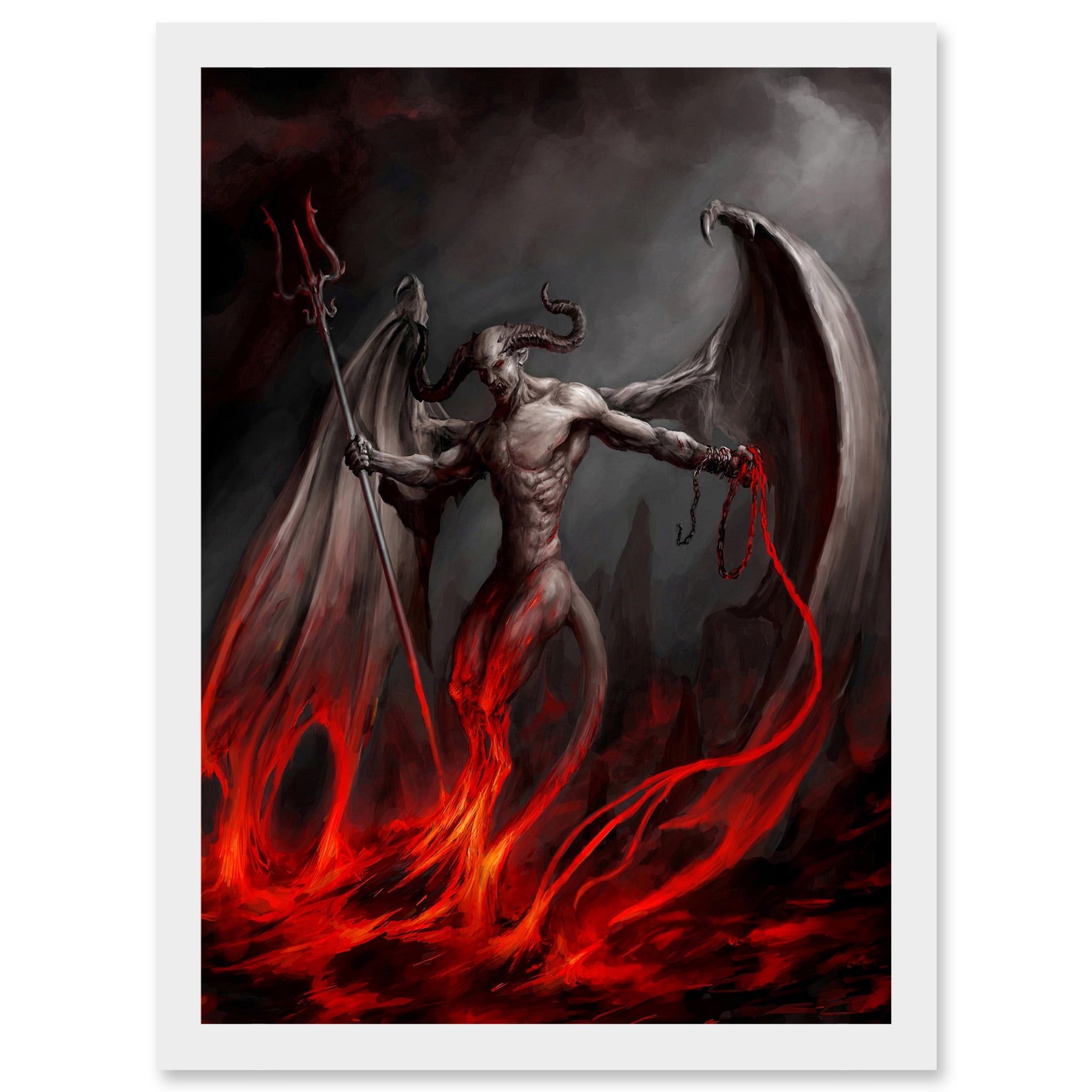 Painting Devil Demon Fire Chain Trident Wings Horns Monster A4 Artwork ...