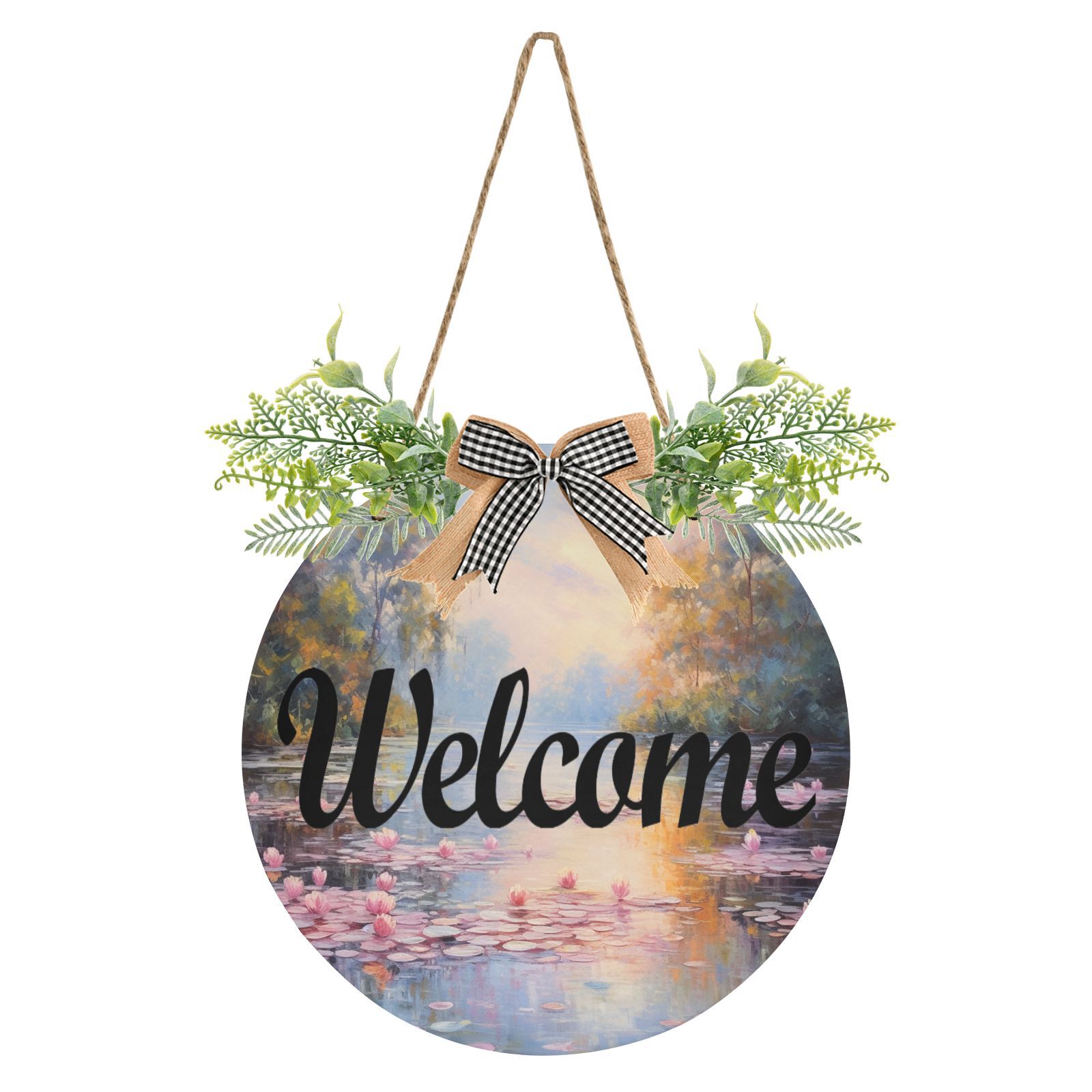 Painting Flowers Lake Trees Welcome Sign for Front Door Wreath Door ...