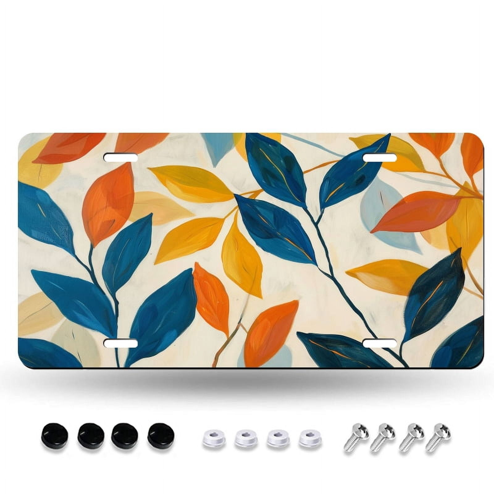 Painting of Leaves in Blue and Yellow on White Background License Plate ...