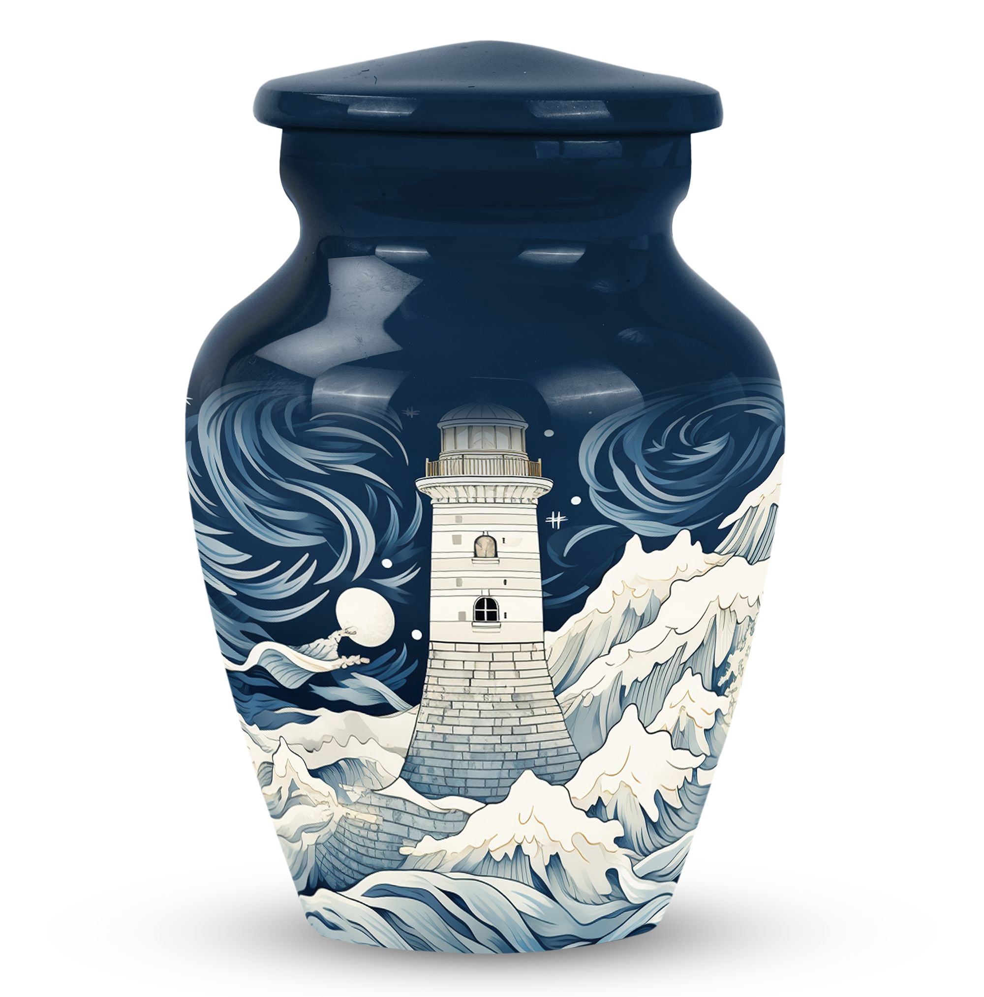 Painting Of Lighthouse On Beach With Waves Crashing Around, Ashes ...