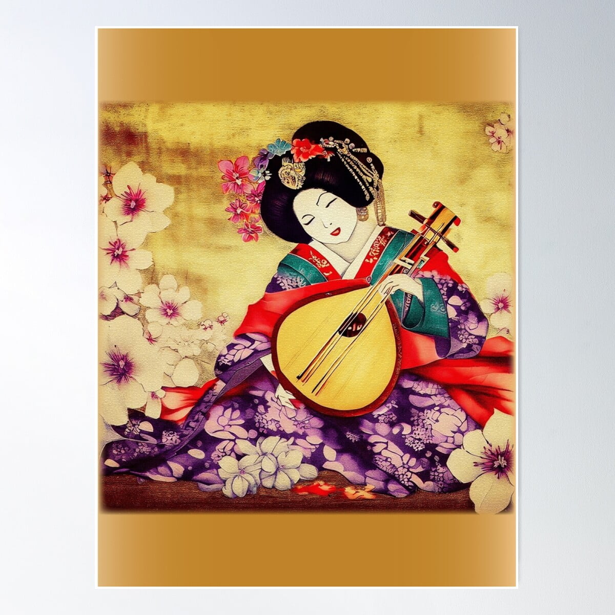 Painting Of Japanese Geisha Playing A Biwa Poster Wall Art, Modern Wall ...