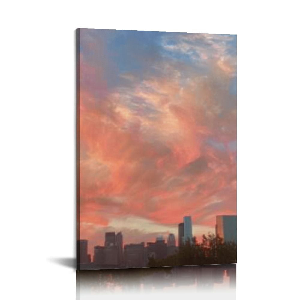 Painting On Canvas Artwork Photos DTLA at sunset with a pink color sky ...