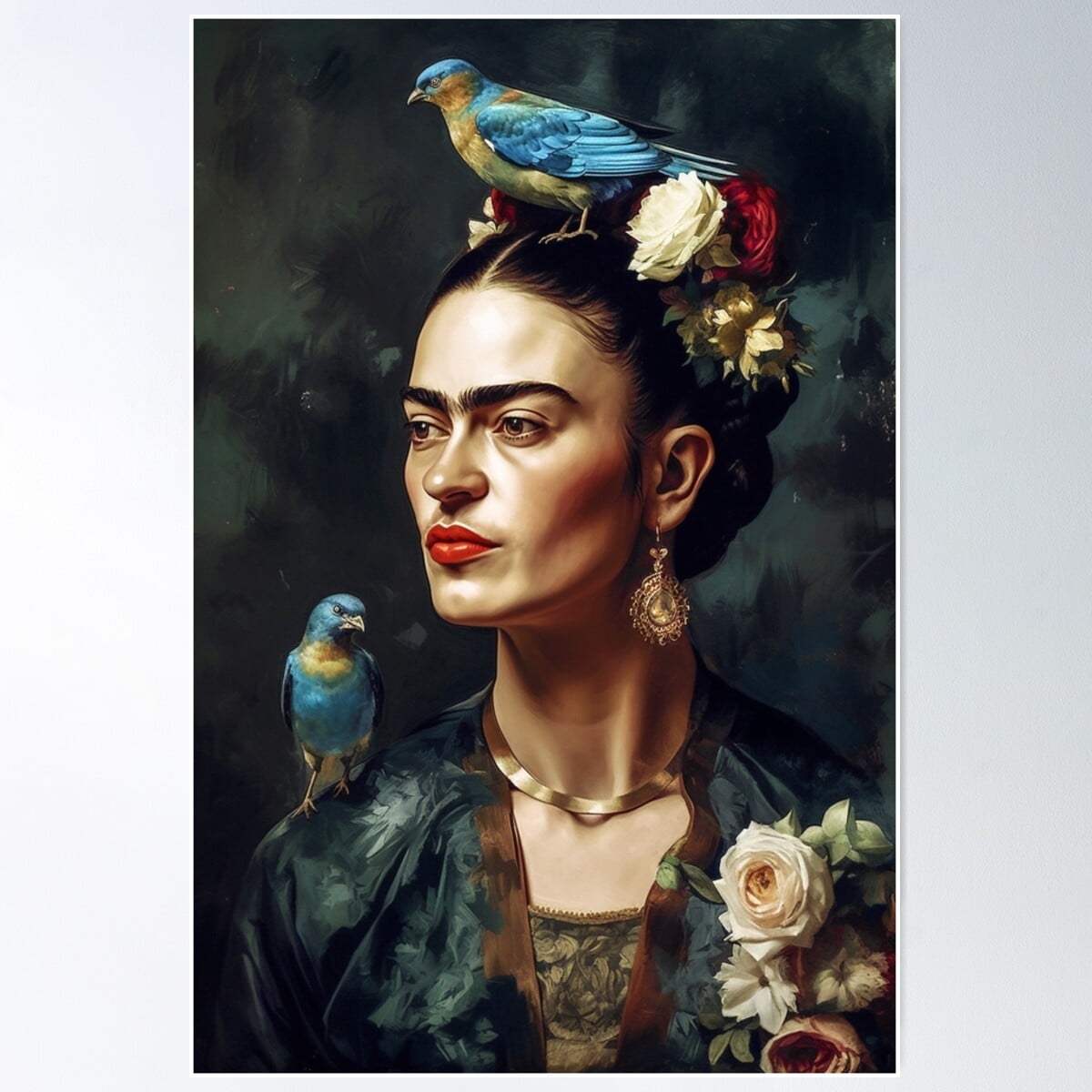 Painting Portrait Frida Kahlo With Birds And Floral Hair - Vintage Art ...