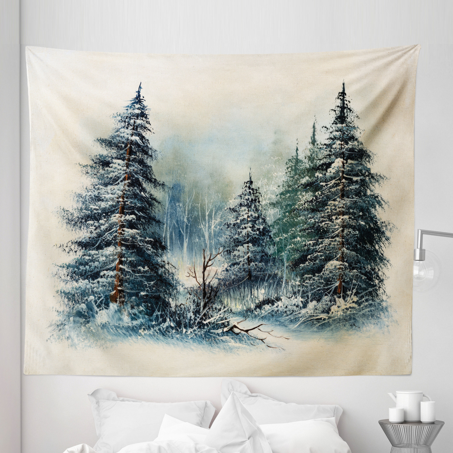 Painting Tapestry, Evergreen Pine Trees Snowy Forest Winter Woodland ...