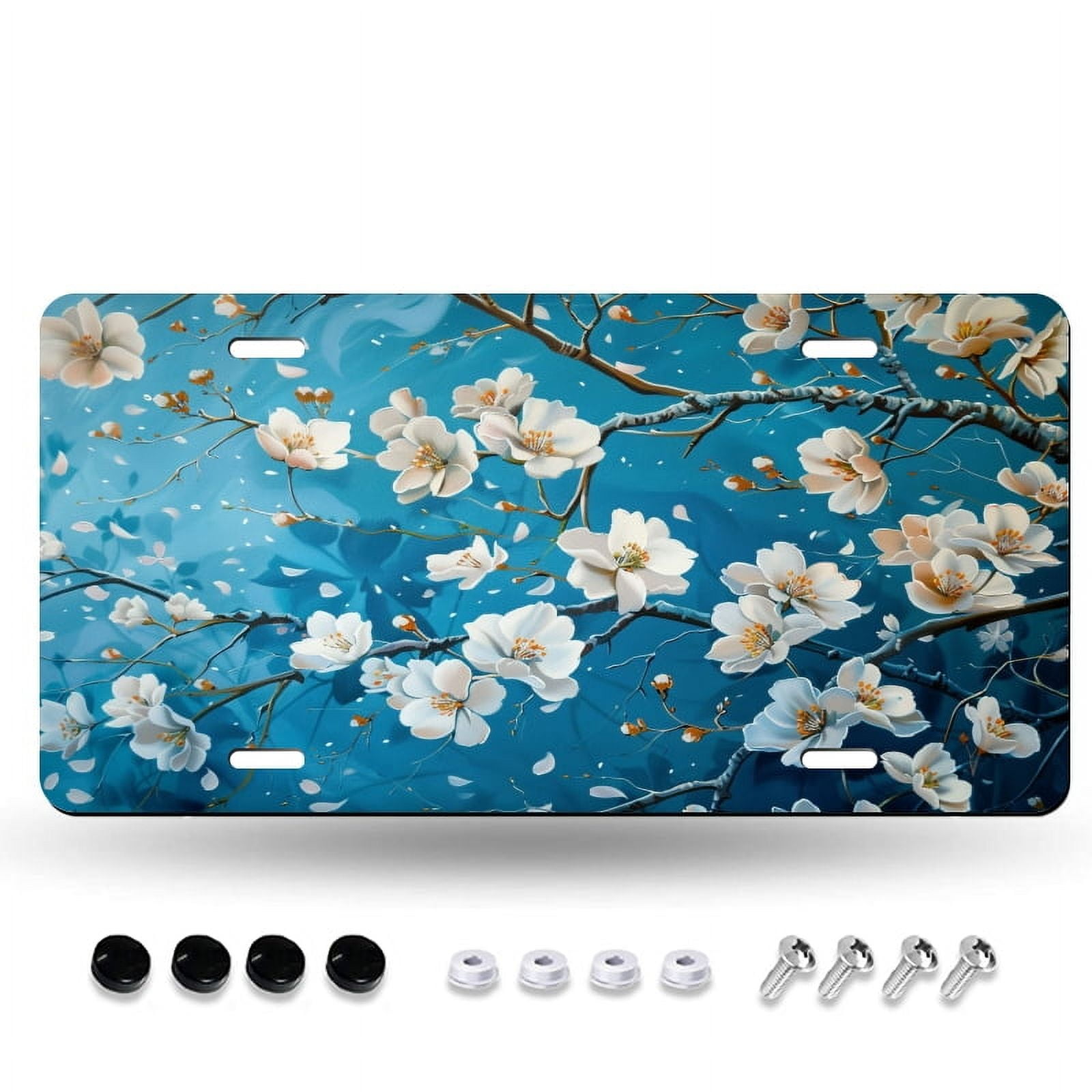 Painting of White Magnolia Blossoms on Blue Background License Plate ...