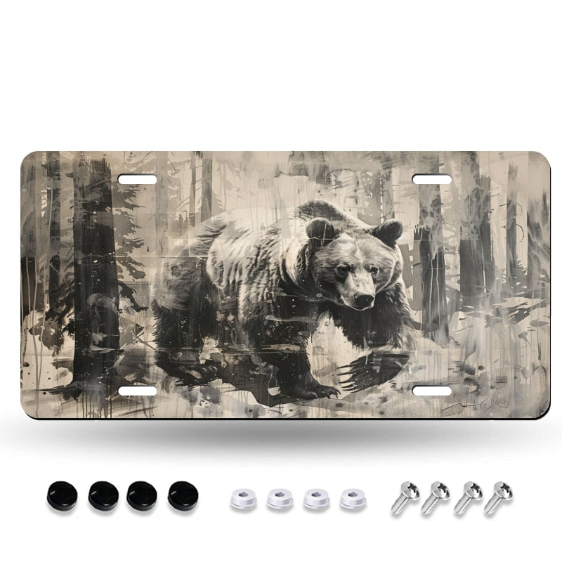 Painting of Grizzly Bear in The Forest License Plate Frame, Decorative ...