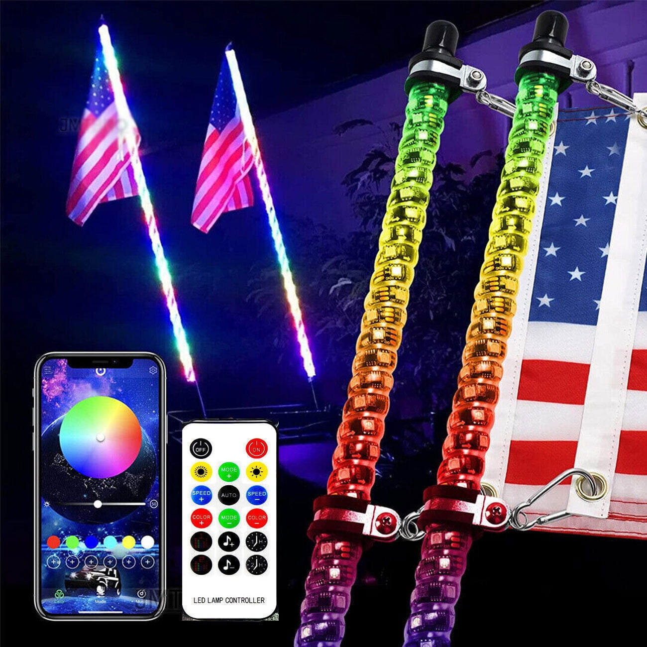 Pair 3ft RGB Spiral LED Whip Lights Antenna Chase + Flag&Remote for ATV ...