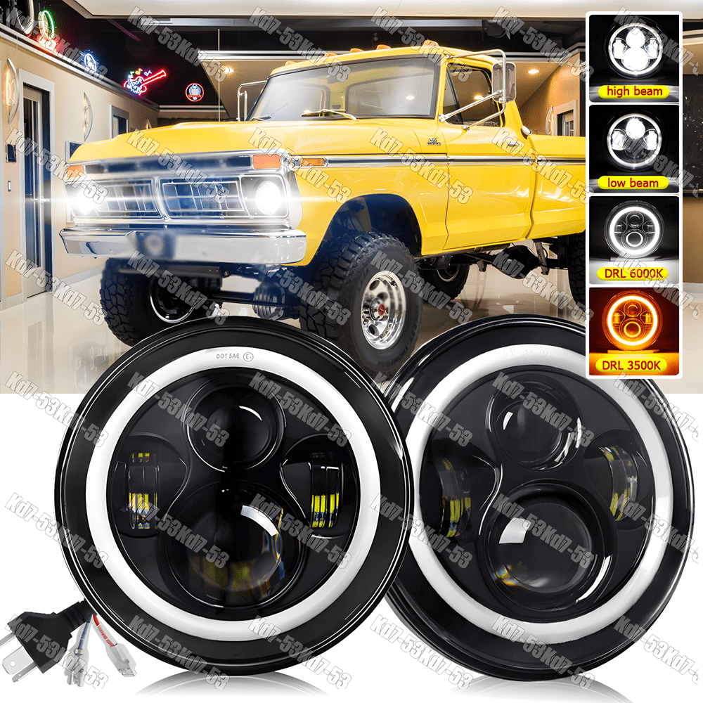 Pair 7" Halo LED Headlights DRL For Ford F-100 F-250 F-350 1953-1977 ...