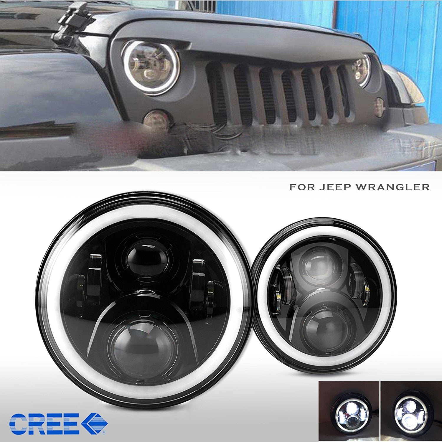 7 Inch Halo 120W LED Headlights for 97-16 JEEP JK TJ LJ Wrangler, Hi/Lo ...