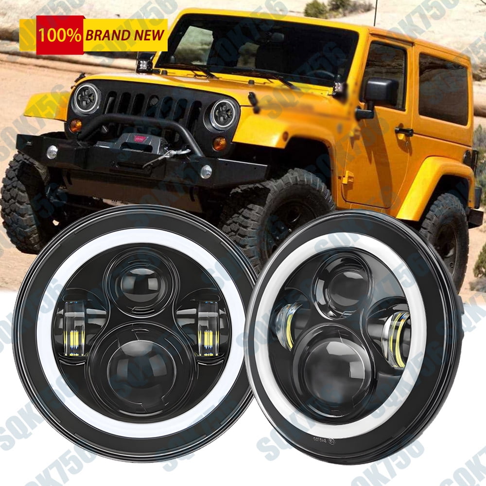 Pair 7" Inch Round LED Headlights Angle Eyes For Jeep Wrangler JK LJ TJ ...
