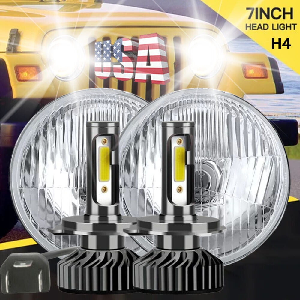 Pair 7" Inch Round LED Headlights GLASS Hi/Lo H4 For Jeep Wrangler JK ...