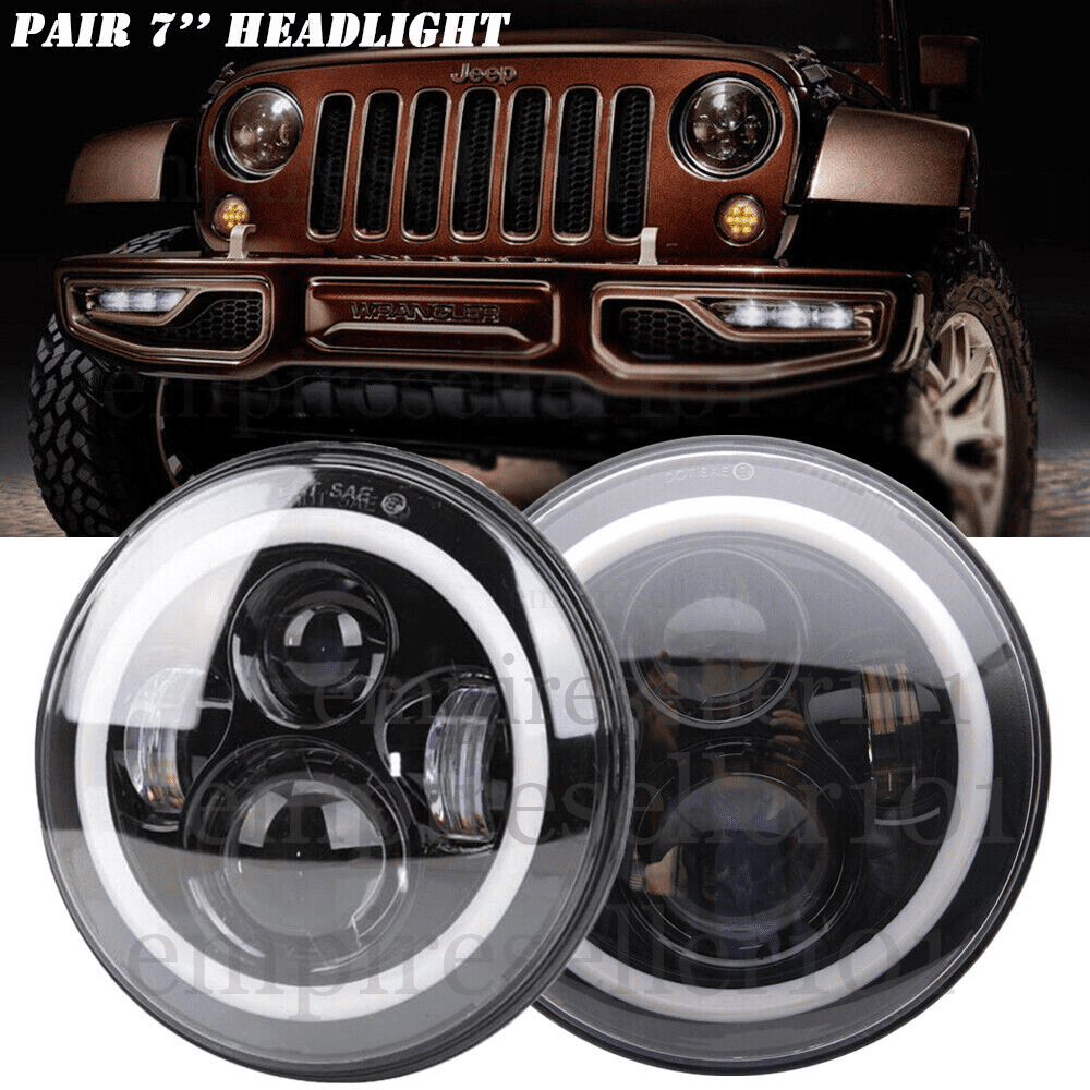 Pair 7" Inch Round LED Headlights Halo Angle Eyes For Jeep Wrangler JK ...