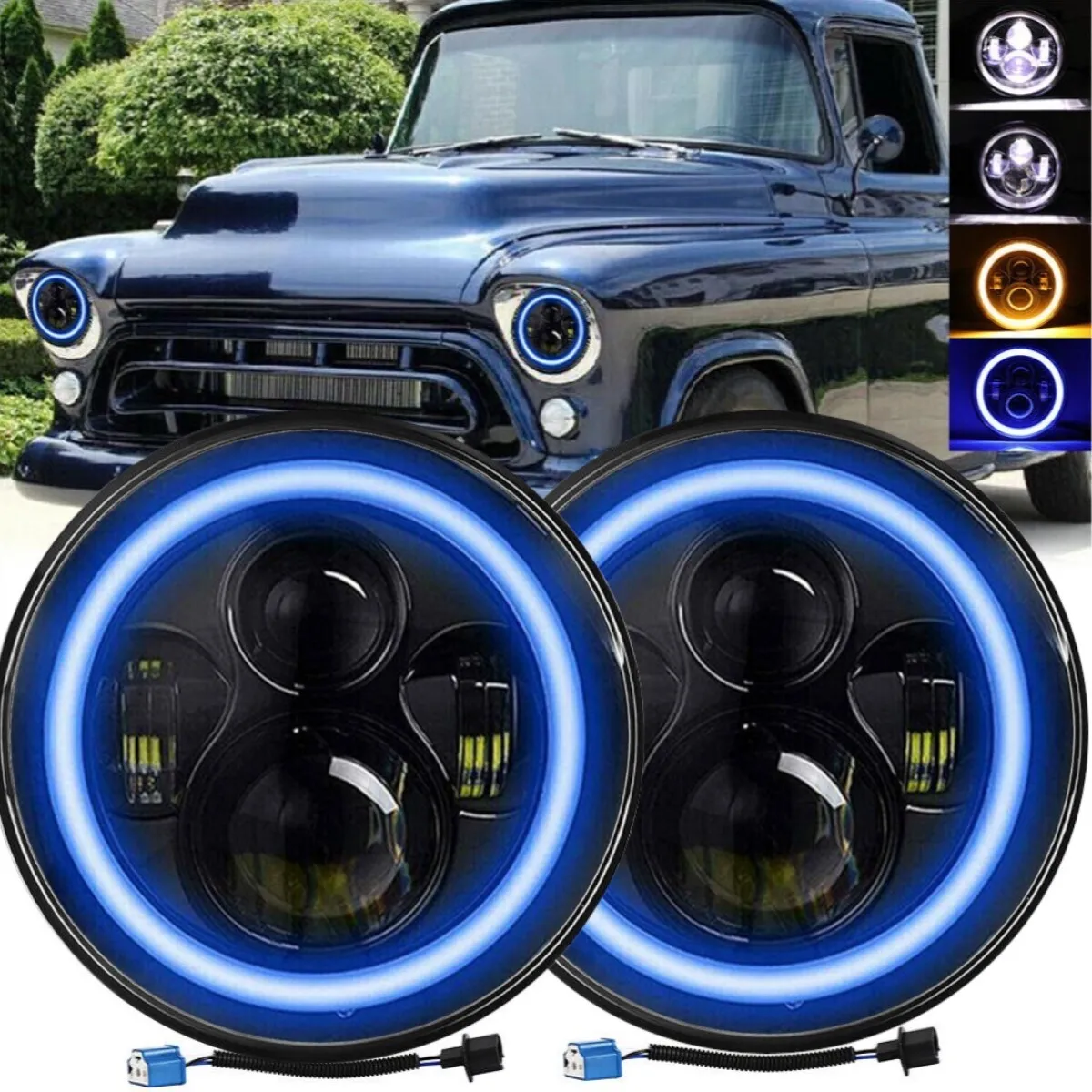 Pair 7" Inch Round LED Headlights Hi/Lo Beam DRL Halo For Chevy Truck ...