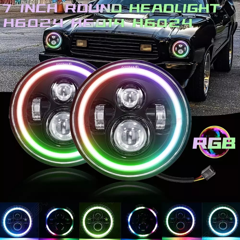 Pair 7 Inch Round RGB Headlights Hi/Lo Beam - fits for Ford Mustang ...