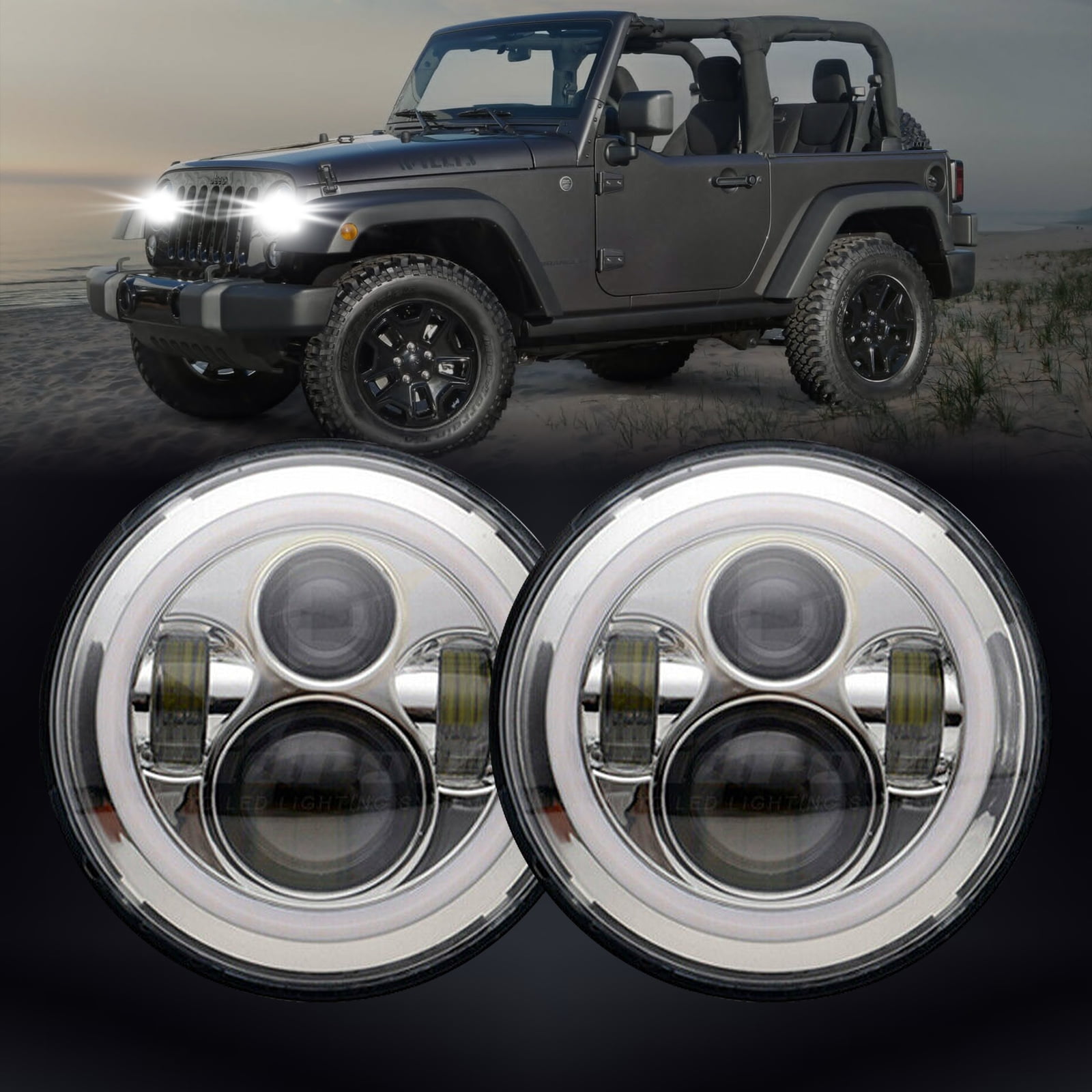 Pair 7" LED Headlights Chrome Hi/Lo DRL For Freightliner Century Class ...