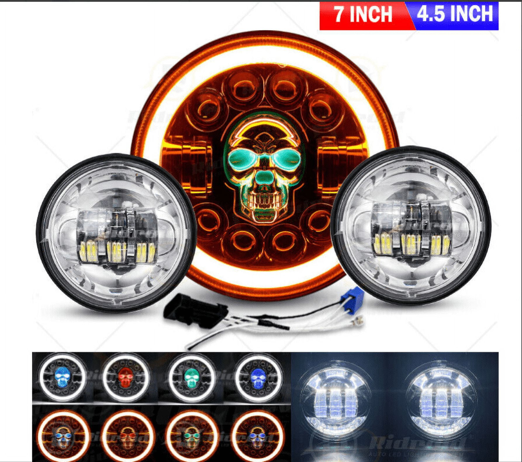Pair 7" RGB LED Headlights Halo Skull DRL+Pair 4.5" Headlights ...