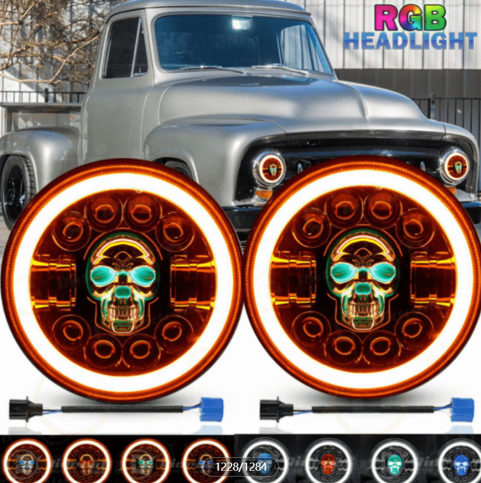Pair 7" RGB LED Headlights Halo Skull DRL for Universal Vehicles ...