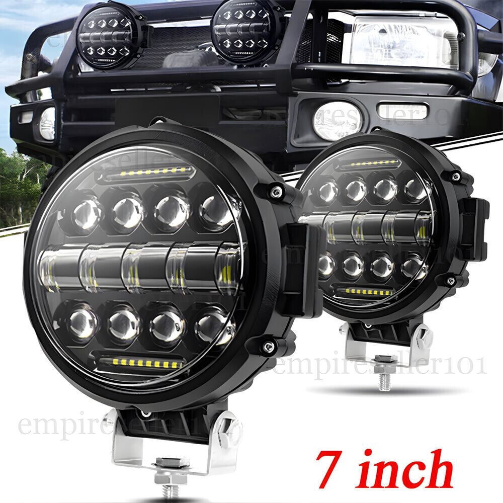 Pair 7" Round LED Pods Driving Light Bar DRL Work Light Flood Spot SUV ...