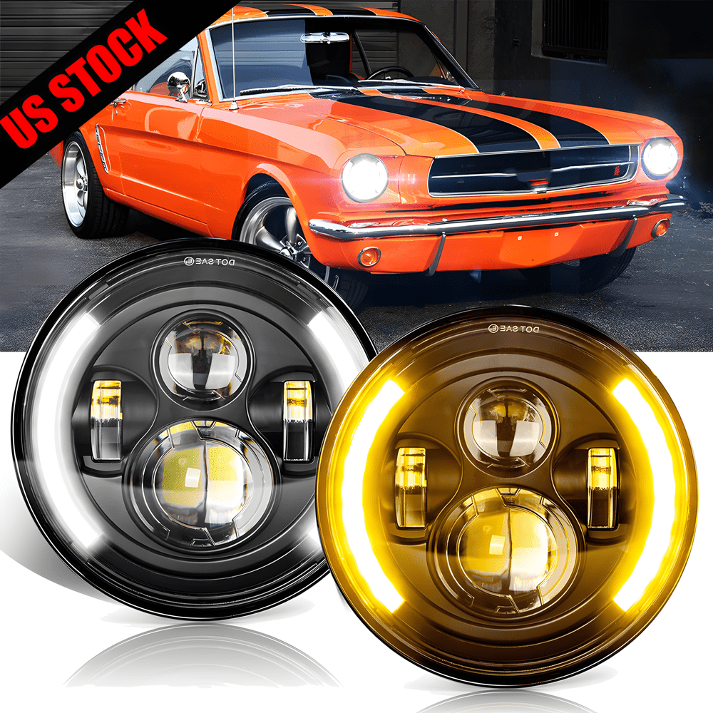 Pair 7" inch Round LED Headlights Halo DRL Angel Eyes For Ford Mustang ...