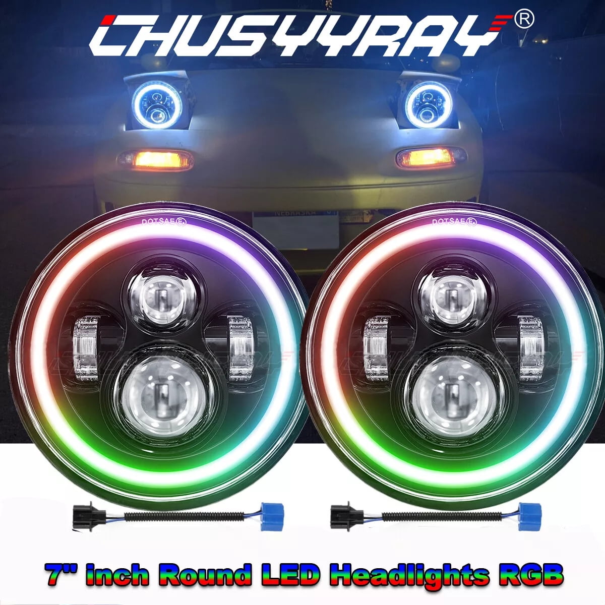 Pair 7 inch Round LED Hi/Lo Beam Headlights RGB - for Ford F100 F150 ...