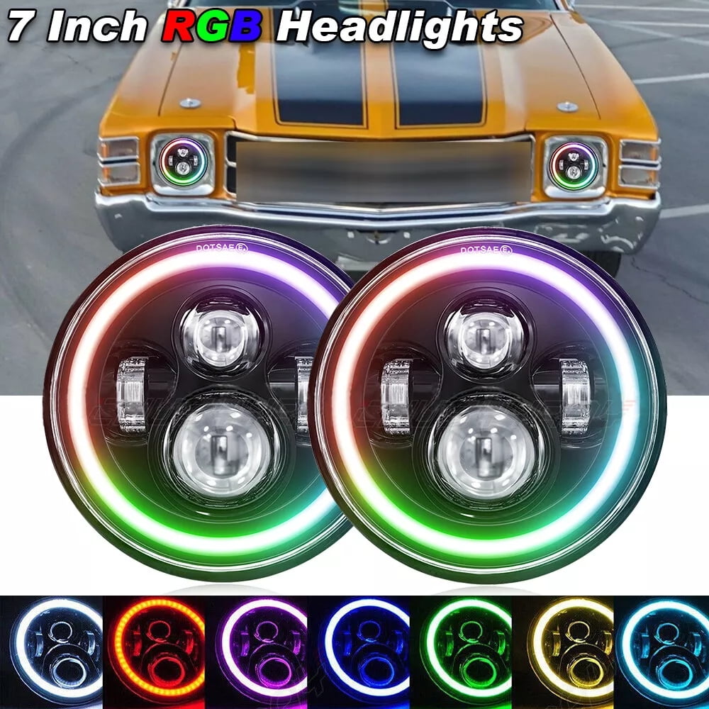 Pair 7inch Round RGB Halo LED Headlight Hi/Lo for Chevy Chevelle 1971 ...