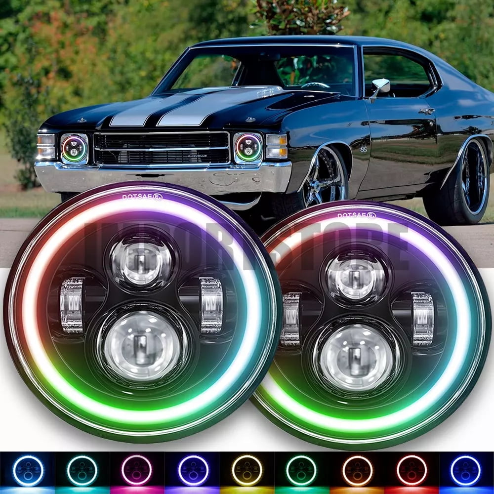 Pair 7inch Round RGB Halo LED Headlights HI/LO for Chevy Chevelle 1971 ...