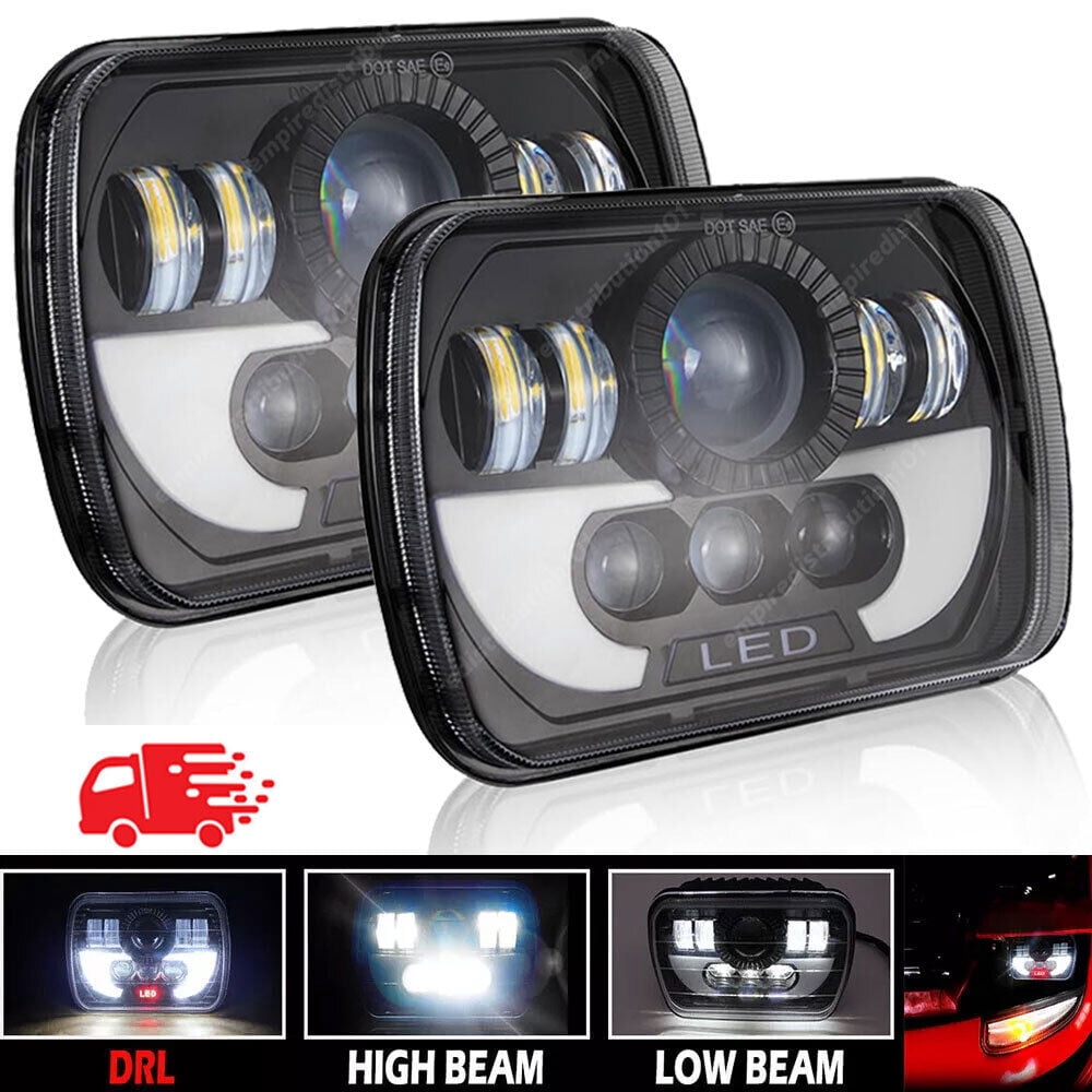Pair 7x6" 5x7" LED Headlights Halo DRL High Low For Jeep Wrangler YJ ...