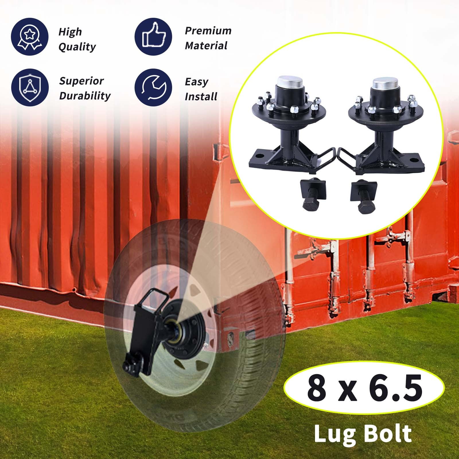 Pair 8 x 6.5 Lug 9000LB Shipping Container Wheels, Bolt-on Spindle Kit ...