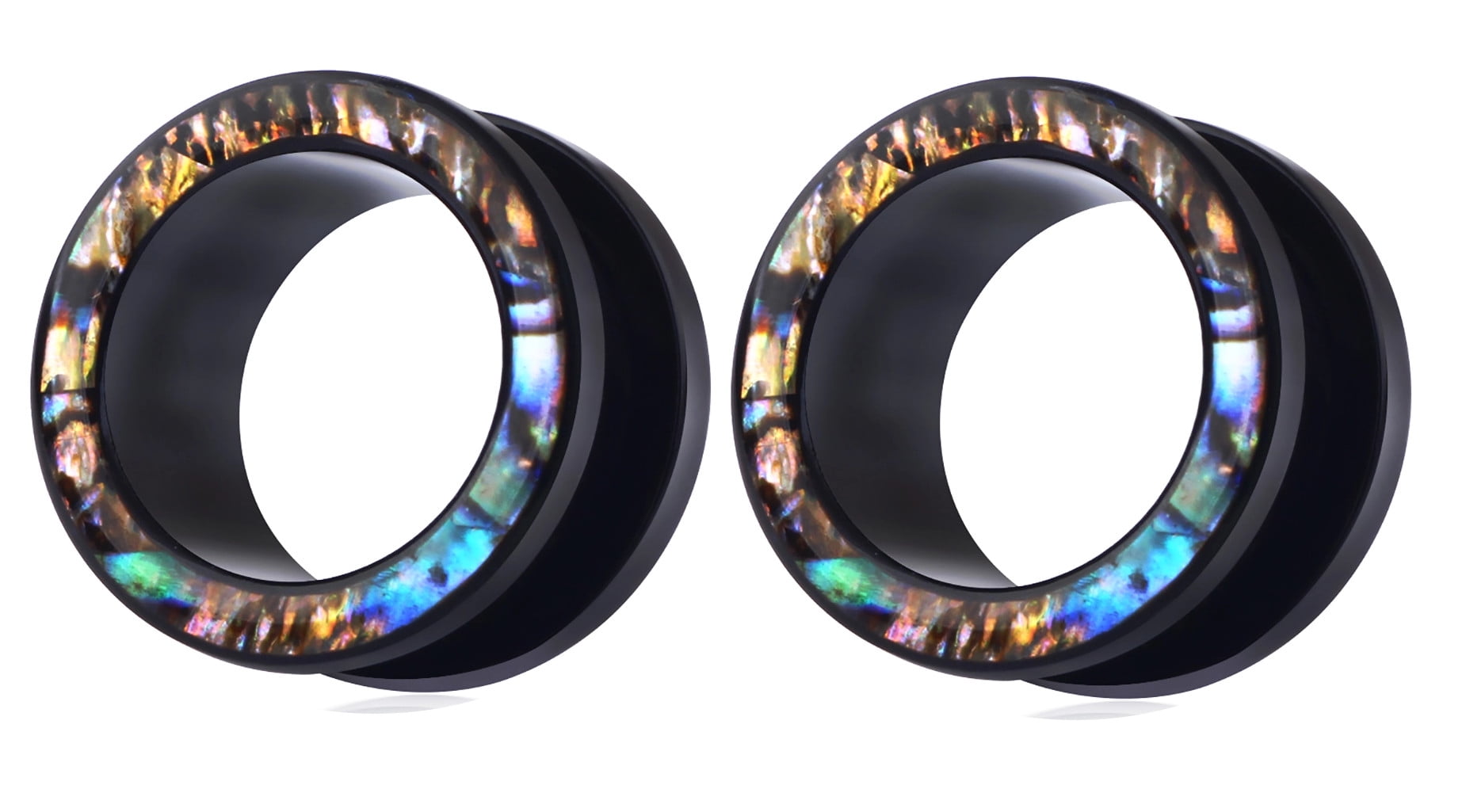 Pair Black Surgical Steel Abalone Shell Screw Fit Steel Tunnels Ear ...