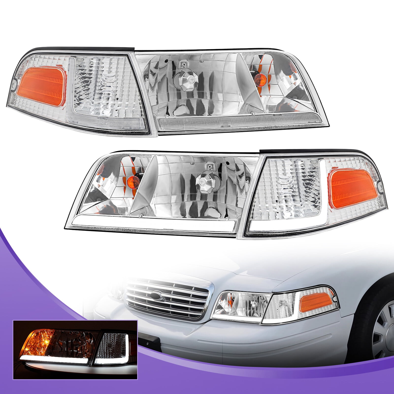 Pair Chrome Headlights w/LED DRL Lights Fits 1998-2011 Ford Crown ...