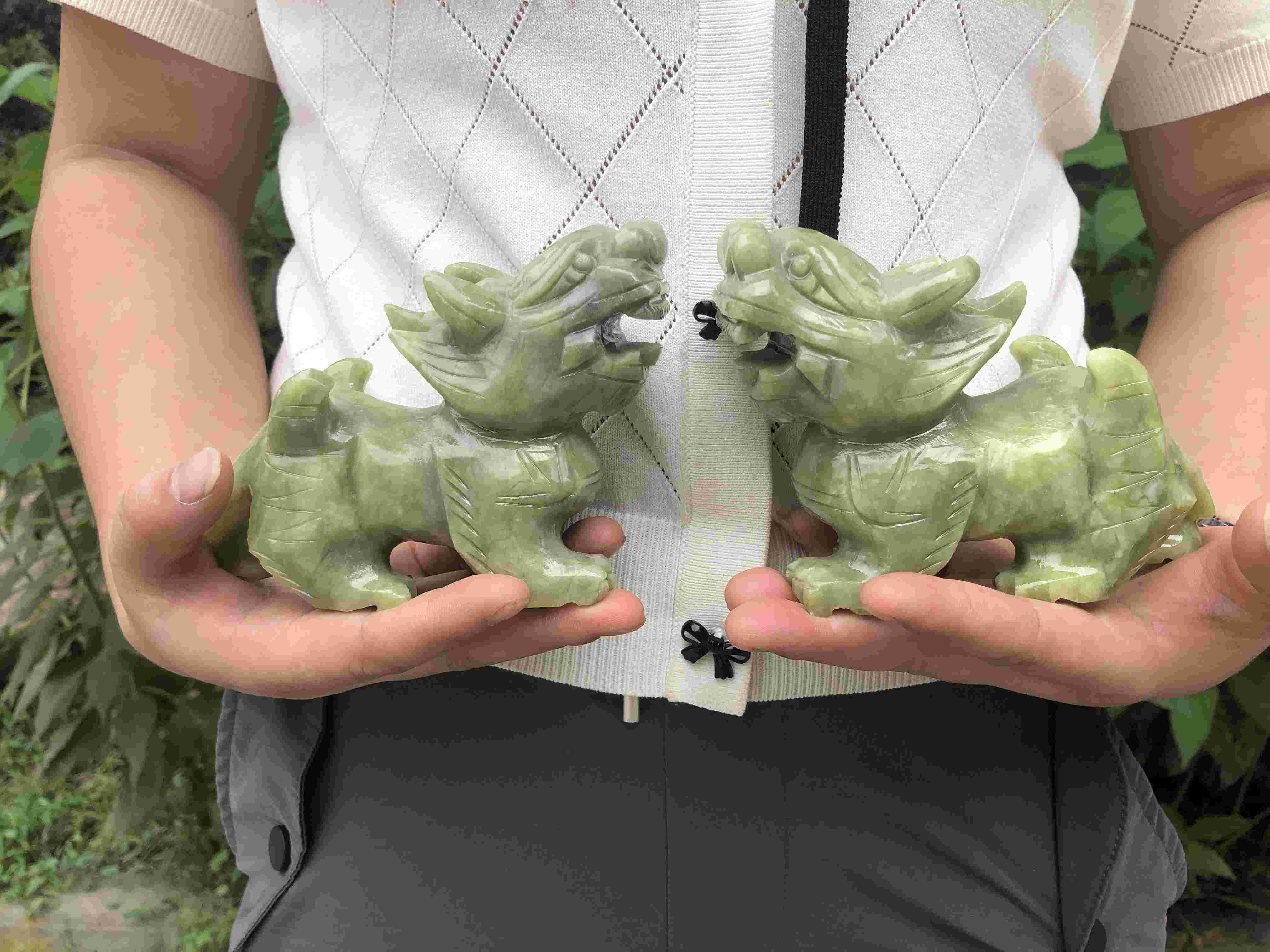 Pair Hand carved Natural green Jade Feng Shui Pi Yao/Pi Xiu statue for ...