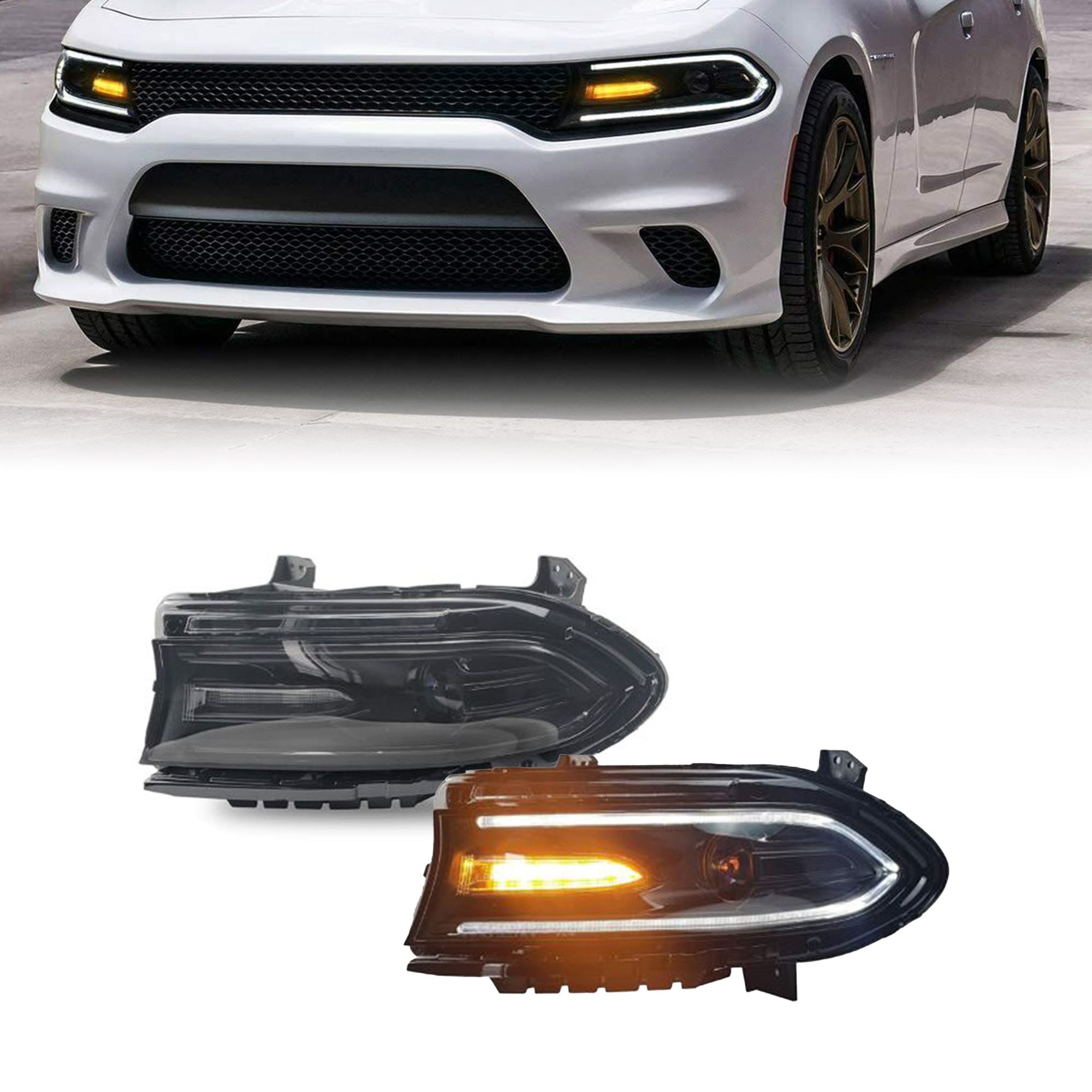 Pair LED Dual Beam Projector Headlights For 2015-2020 Dodge Charger SRT ...