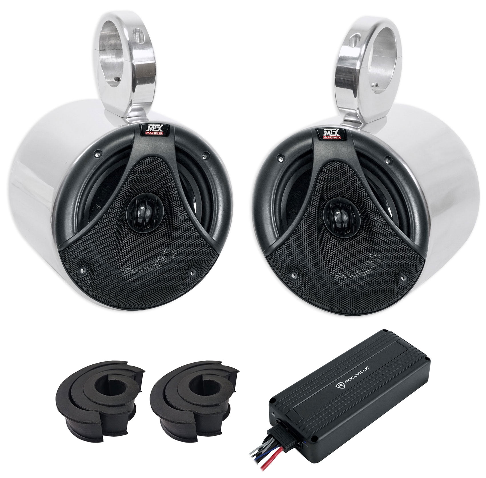 Pair MTX 6.5" 150w Silver Roll Bar Tower Speakers+Bluetooth Amp For ATV ...