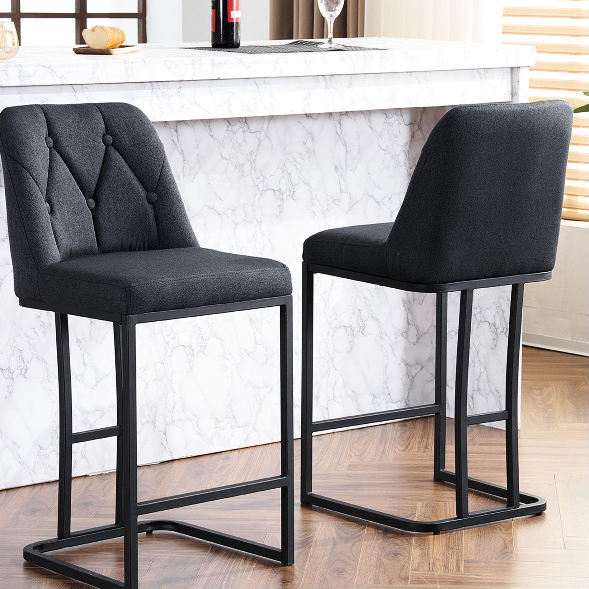 Pair of Modern Button - Tufted Bar Stools | Soft Seating for Kitchen ...