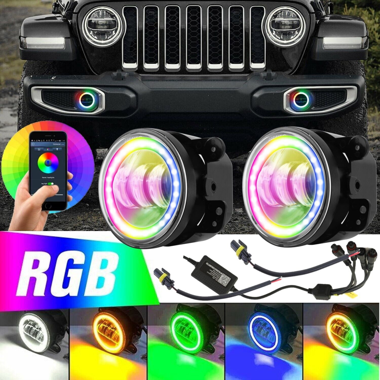 Pair RGB 4" Round LED Fog Lights Driving Lamps for Jeep Wrangler JK TJ ...