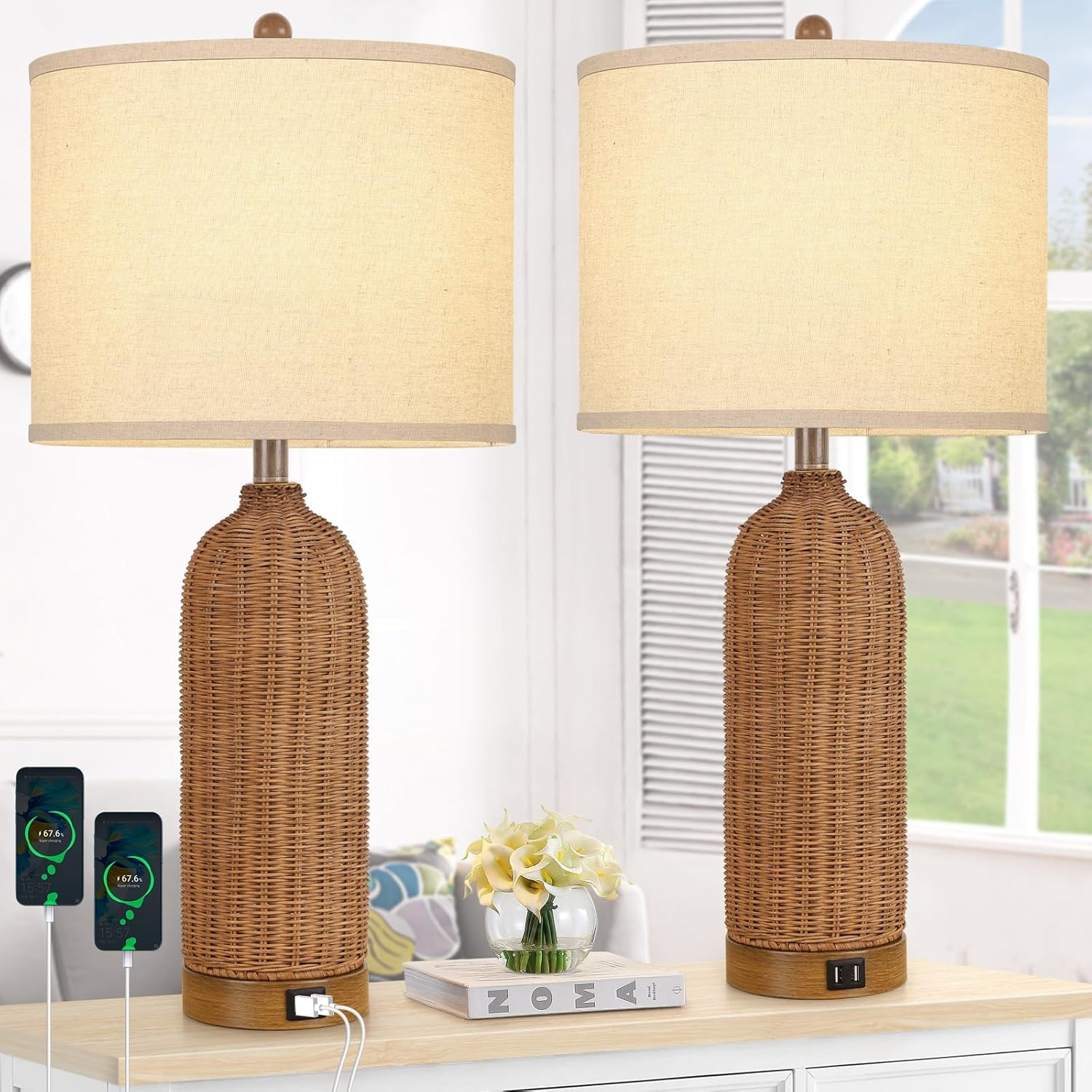 Pair of Rattan Table Lamps with USB Ports, 29 Inches Tall, Farmhouse ...