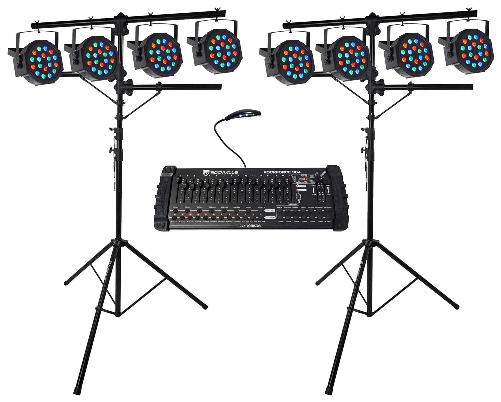 Pair Rockville RVLS1 Tripod Lighting Stands+8) Par Can Wash Lights+DMX ...