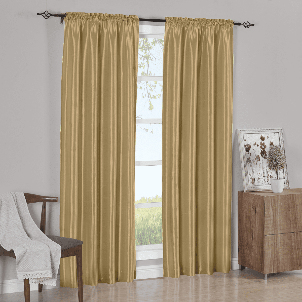 Pair Rod Pocket Soho Faux Silk Curtain Panels (Set of 2 Panels)- Gold ...