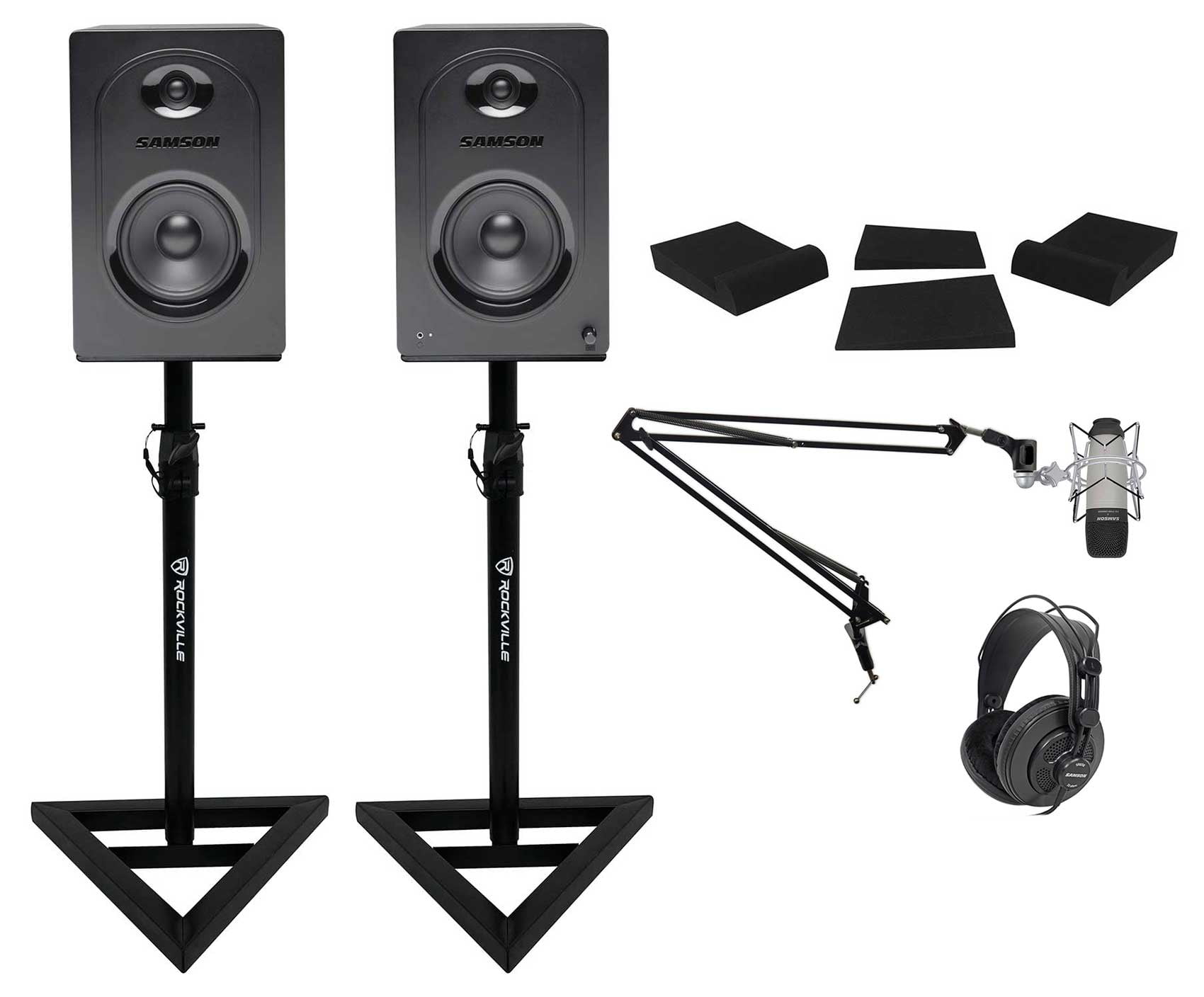 Pair Samson M50 5" Active Studio Monitors+Stands+Pads+Headphones+Mic ...