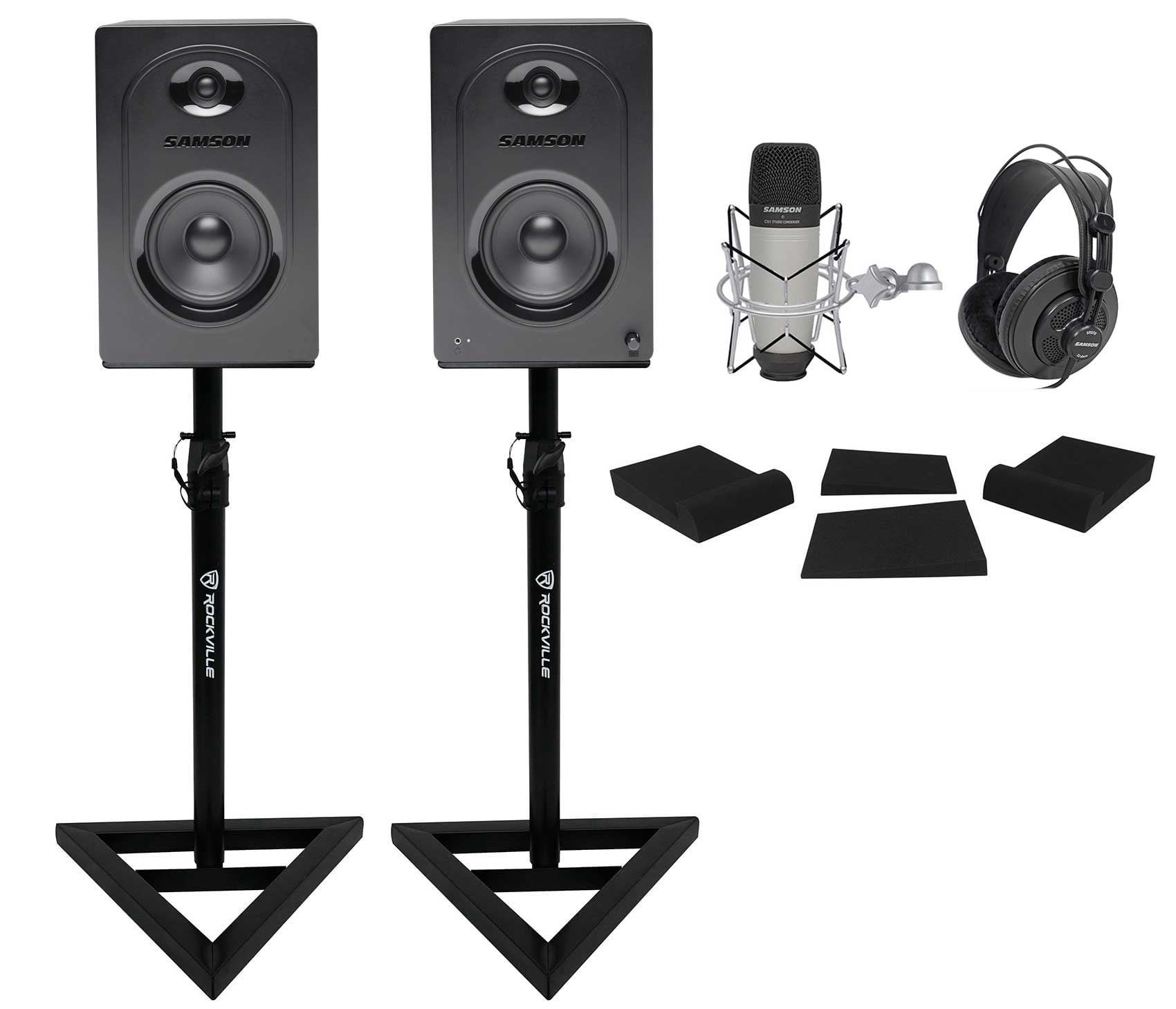 Pair Samson M50 5" Active Studio Monitors+Stands+Pads+Headphones+Mic ...