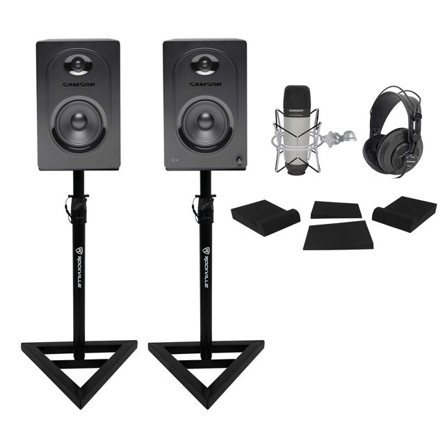 Pair Samson M50 5" Active Studio Monitors+Stands+Pads+Headphones+Mic ...